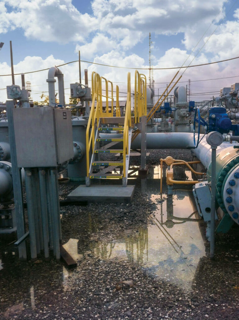 Erectastep industrial crossover stairs over outdoor spill channels ...